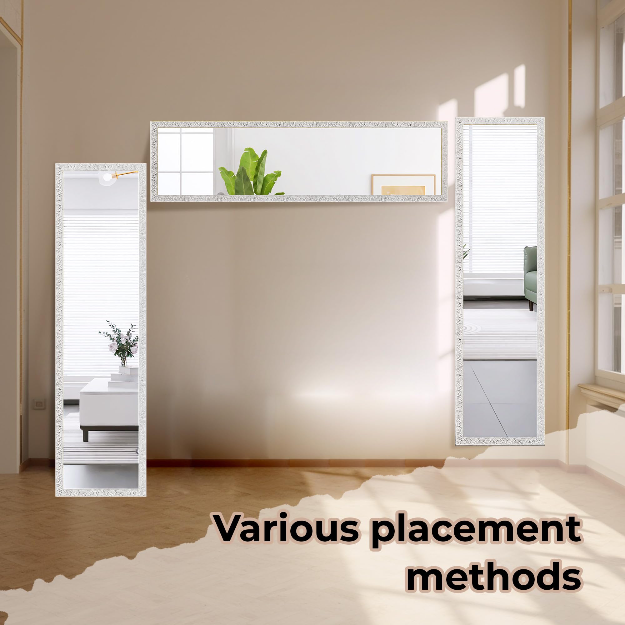 LFT HUIMEI2Y Door Mirror Full Length, Wall-Mounted Mirror Rectangle Tall with Engraving Frame, Over The Door Hanging Mirror for Bedroom, Living Room, Dressing Room, White 50" x14"