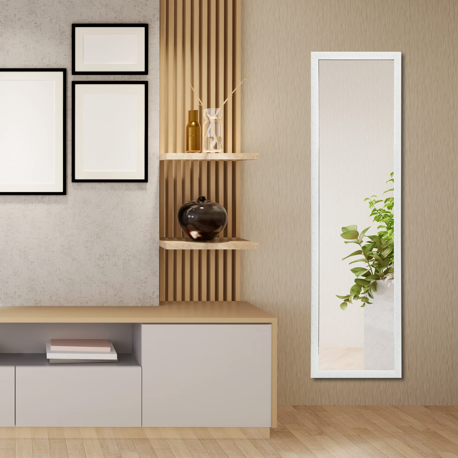LFT HUIMEI2Y Door Mirror Full Length, Wall-Mounted Mirror Rectangle Tall with Engraving Frame, Over The Door Hanging Mirror for Bedroom, Living Room, Dressing Room, White 50" x14"