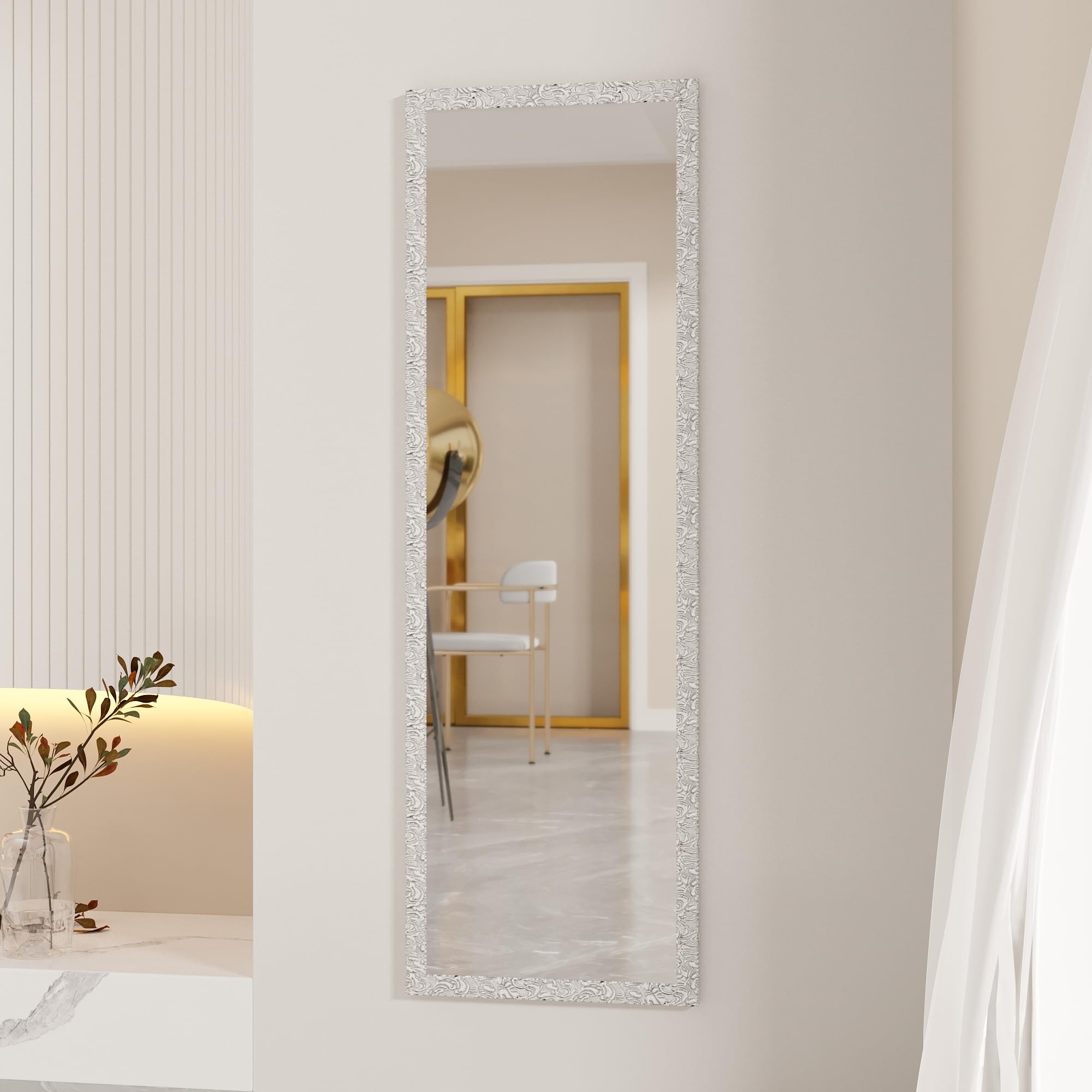 LFT HUIMEI2Y Door Mirror Full Length, Wall-Mounted Mirror Rectangle Tall with Engraving Frame, Over The Door Hanging Mirror for Bedroom, Living Room, Dressing Room, White 50" x14"