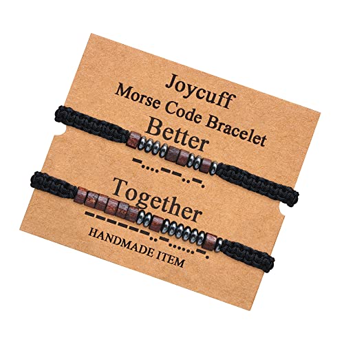 Morse Code Bracelet for Couples Women Men Adjustable Strand Engraved Matching Love Bracelet Set 2 PCS Secret Message Wood Beads with Cord Card Unique Funny Gift for Friend Ohana Mothers Day Valentine