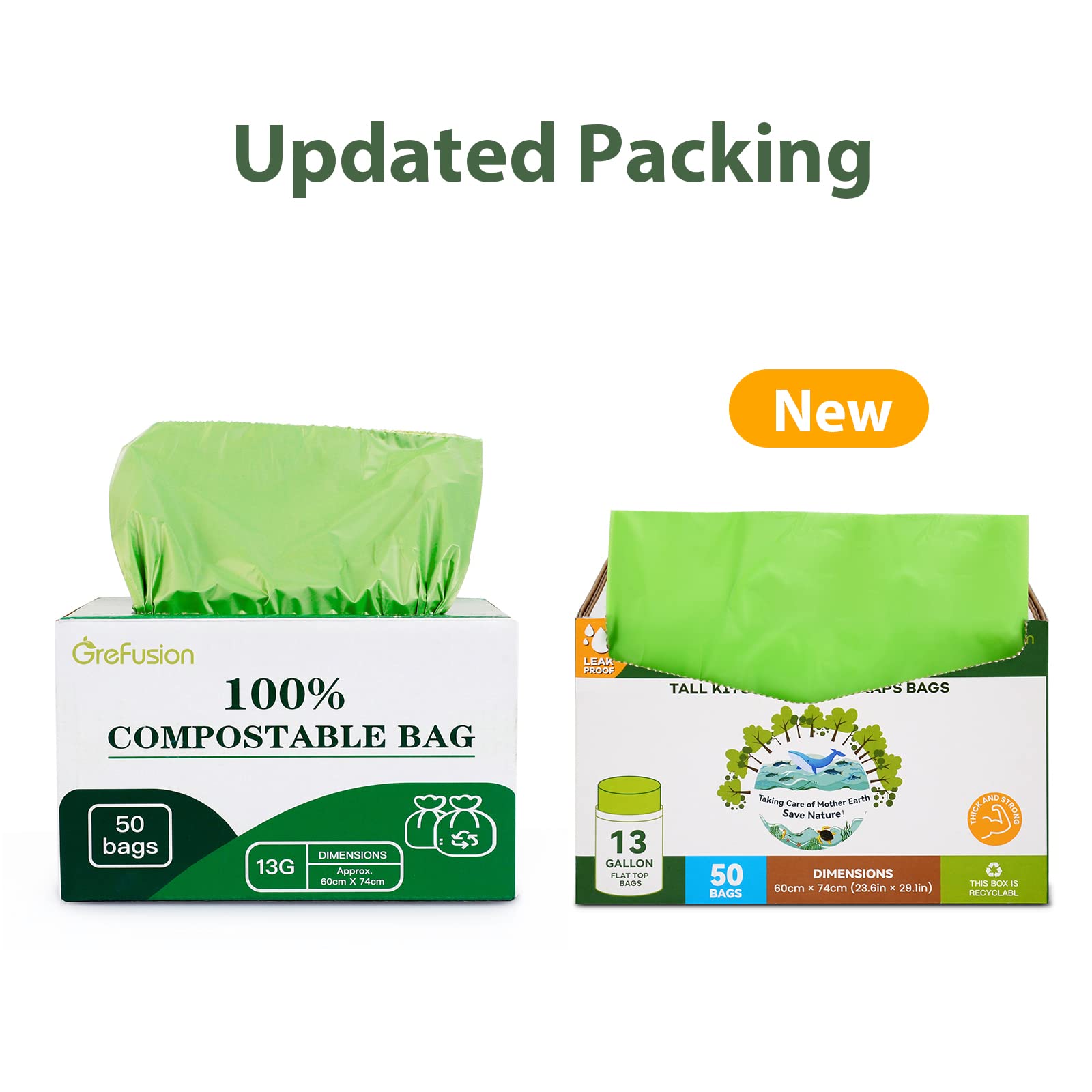 Compostable Bags,Trash bags 13+ gallon tall kitchen, Compostable Trash Lawn & Leaf Yard Waste Bags,Kitchen Compost Trash Bin Compatible,Extra Thick1.01 Mills,Certified by BPI and OK Compost(50count)