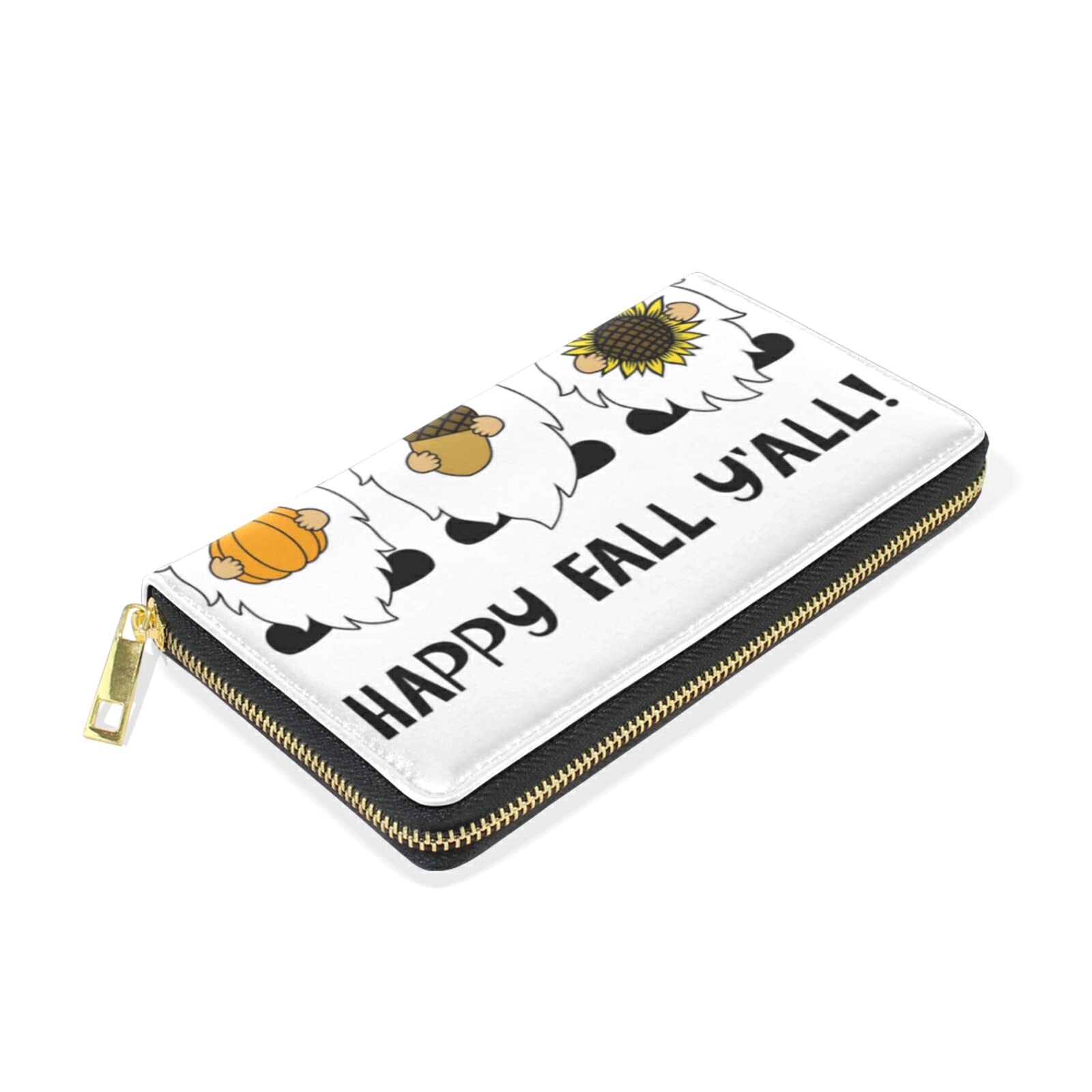 Gnomes in Leopard Caps with Sunflower Pumpkin Acorn Leather Long Wallet Organizer with Zipper Purse Clutch Bag for Women Men