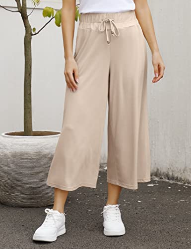 GlorySunshine Womens Linen Wide Leg Pants Elastic Waist Solid Palazzo Casual Loose Drawstring Trousers with Pockets New-Apricot L