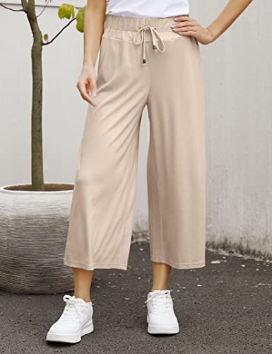 GlorySunshine Womens Linen Wide Leg Pants Elastic Waist Solid Palazzo Casual Loose Drawstring Trousers with Pockets New-Apricot L