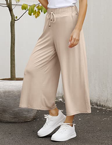 GlorySunshine Womens Linen Wide Leg Pants Elastic Waist Solid Palazzo Casual Loose Drawstring Trousers with Pockets New-Apricot L