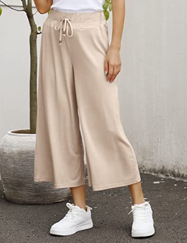 GlorySunshine Womens Linen Wide Leg Pants Elastic Waist Solid Palazzo Casual Loose Drawstring Trousers with Pockets New-Apricot L