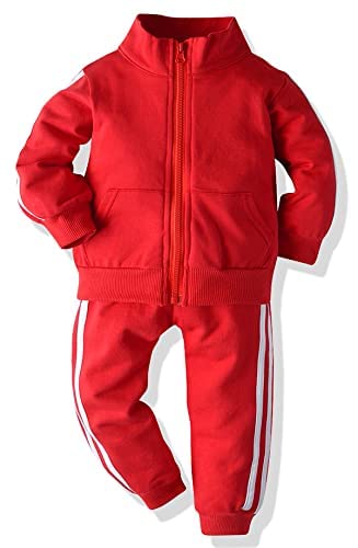 CRAZY GOTEND Toddlers Boys Outfit Set Long Sleeve Tracksuit Sweatsuit 2 Pack Kids Clothing Athletic Clothes Zip With Pockets Red 12-18 Months/80