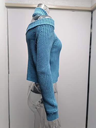 Women's Cold Shoulder Halterneck Sweater Crossed V- Neck Crop Halter Knit Pullover Off Shoulder Long Sleeve Knitted Top (Blue,X-Large)