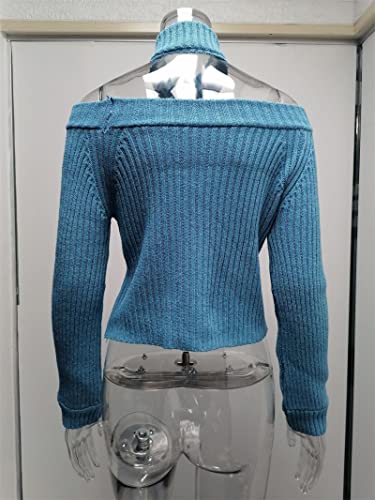 Women's Cold Shoulder Halterneck Sweater Crossed V- Neck Crop Halter Knit Pullover Off Shoulder Long Sleeve Knitted Top (Blue,X-Large)