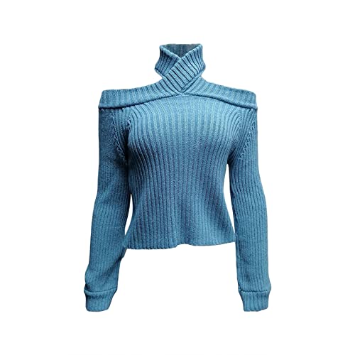 Women's Cold Shoulder Halterneck Sweater Crossed V- Neck Crop Halter Knit Pullover Off Shoulder Long Sleeve Knitted Top (Blue,X-Large)
