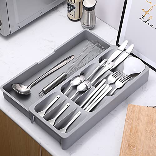 ORIJOYNA Kitchen Flatware Organizers - Drawer Organizer Tray Box Cutlery Expandable Organizer - for Kitchen Drawer Holding Flatware Spoons, Forks, Spatula (Grey)