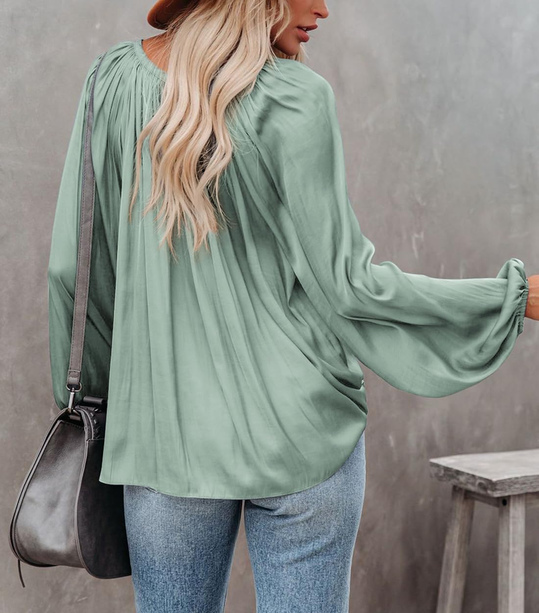 LAMISSCHE Womens Sexy Deep V Neck Blouse Lantern Long Sleeve Chiffon Shirt Oversized Drawstring Silk Satin Tunic(Light Green,XL)