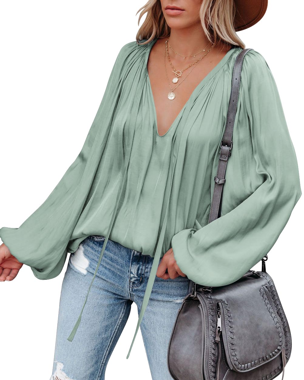 LAMISSCHE Womens Sexy Deep V Neck Blouse Lantern Long Sleeve Chiffon Shirt Oversized Drawstring Silk Satin Tunic(Light Green,XL)