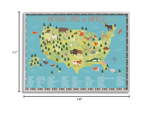 Stupell Industries Children's National Parks of America Map Animal Wildlife Grey Framed Wall Art, 14 x 11, Blue
