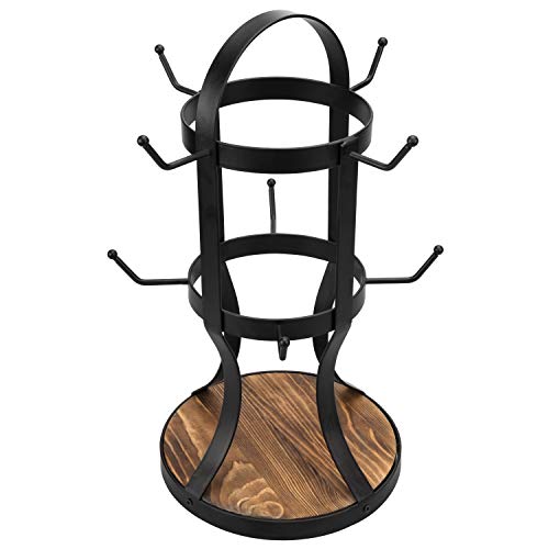 MyGift Rustic Black Metal Coffee Mug Rack with Burnt Wood Base and 8 Hooks