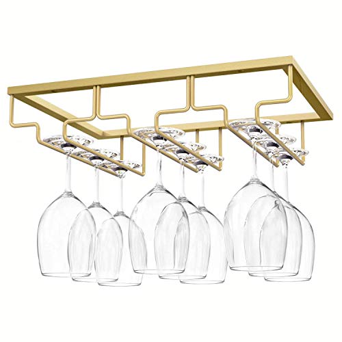 Wine Glass Rack under Cabinet Stemware Rack, Wine Glass Holder Organizer for Cabinet Kitchen Bar Glasses Storage Hanger(Gold)