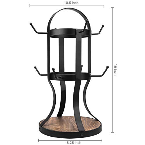 MyGift Rustic Black Metal Coffee Mug Rack with Burnt Wood Base and 8 Hooks