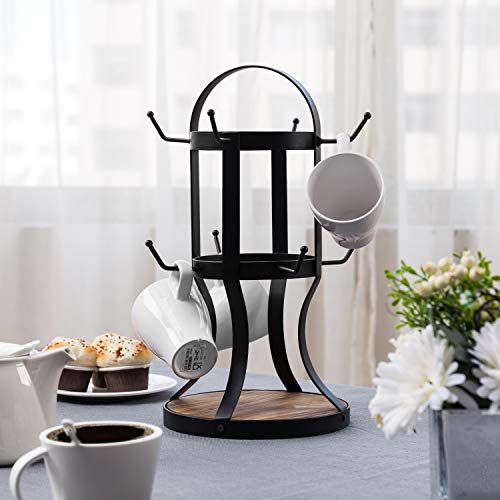 MyGift Rustic Black Metal Coffee Mug Rack with Burnt Wood Base and 8 Hooks