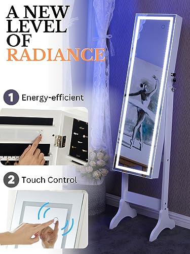 YOKUKINA LED Mirror Jewelry Cabinet Standing Armoire, Full Length Mirror with Jewelry Storage, Lockable Organizer, Wall Mount/Over the Door, White