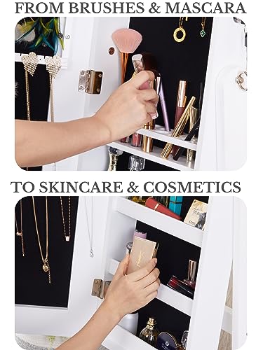 YOKUKINA LED Mirror Jewelry Cabinet Standing Armoire, Full Length Mirror with Jewelry Storage, Lockable Organizer, Wall Mount/Over the Door, White