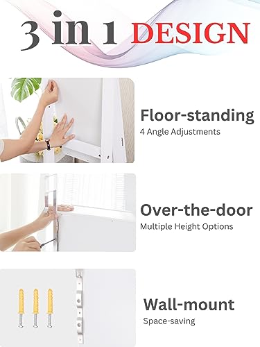 YOKUKINA LED Mirror Jewelry Cabinet Standing Armoire, Full Length Mirror with Jewelry Storage, Lockable Organizer, Wall Mount/Over the Door, White