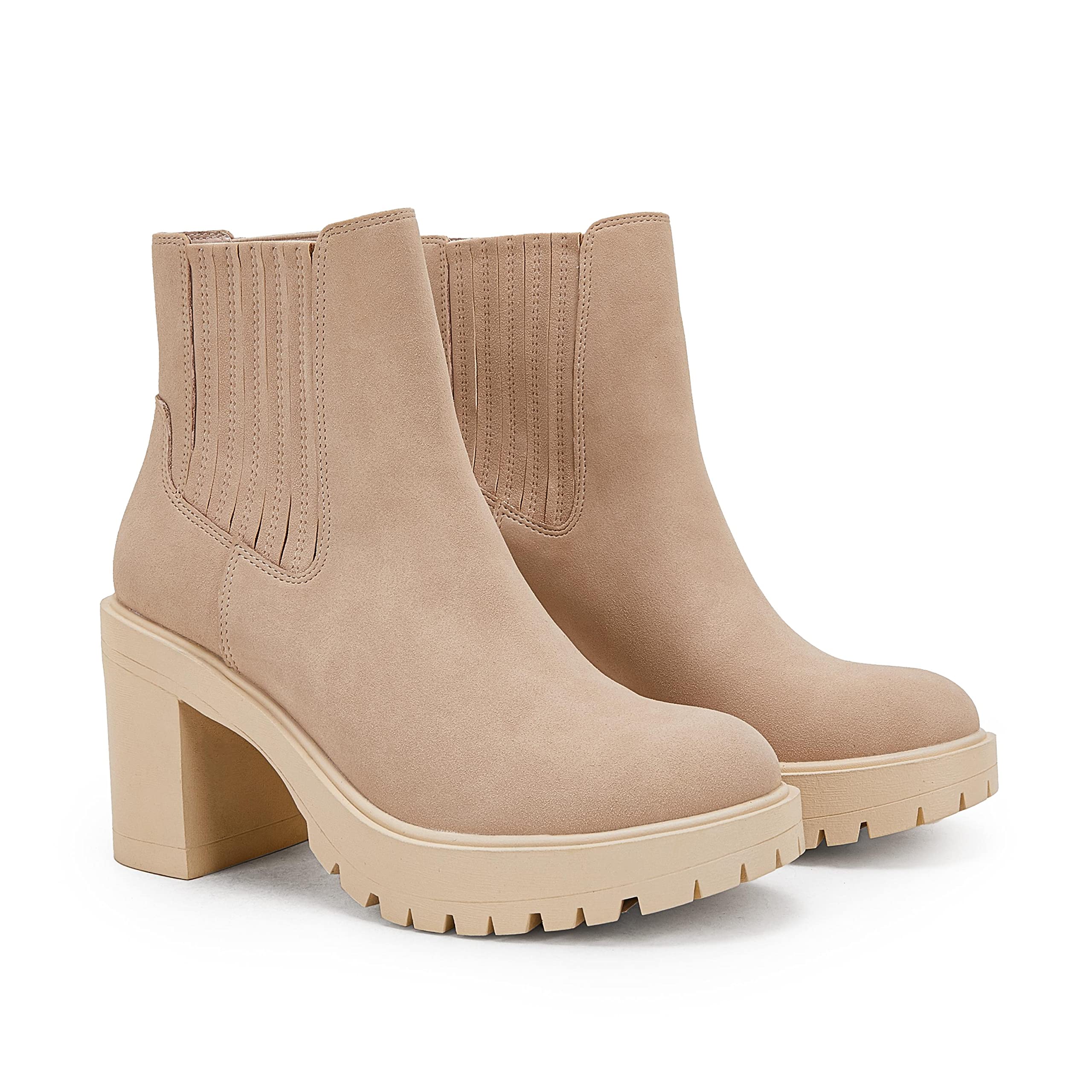 Syktkmx Women's Platform Chelsea Ankle Boots Lug Sole Chunky Block Heel Slip On High Top Winter Booties