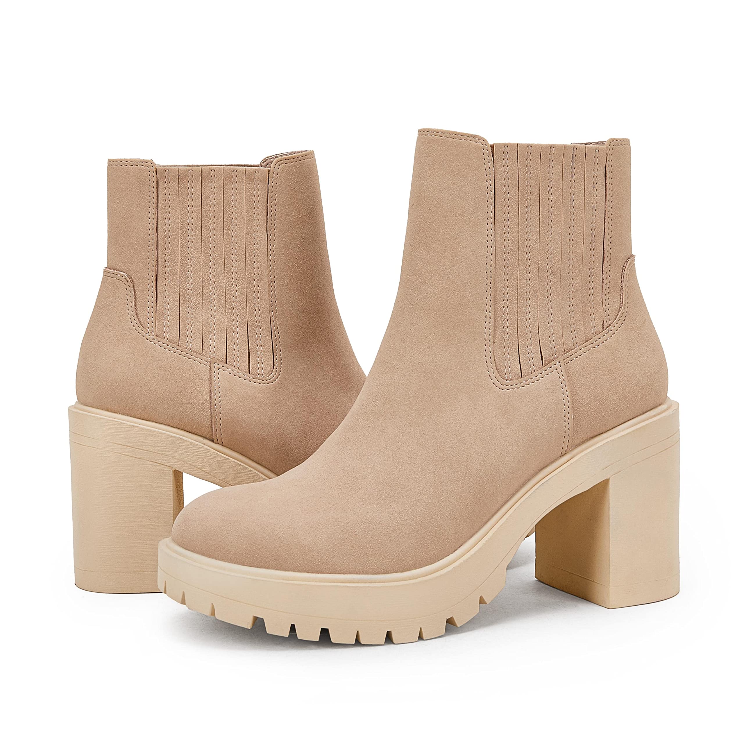 Syktkmx Women's Platform Chelsea Ankle Boots Lug Sole Chunky Block Heel Slip On High Top Winter Booties