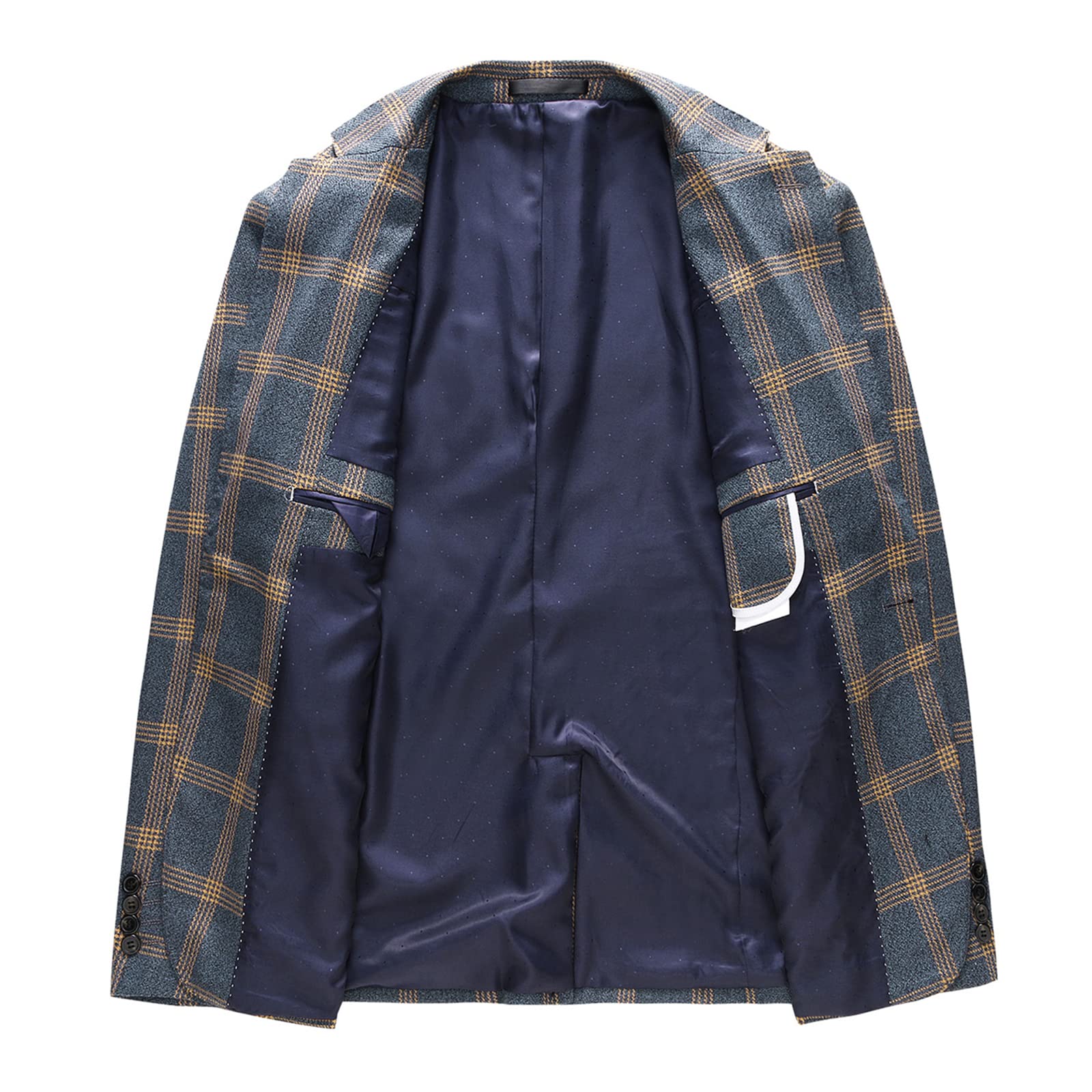 Mens Casual Plaid Blazer Jacket Slim Fit Sports Coat One Button Tuxedo Jacket for Men Yellow Blue