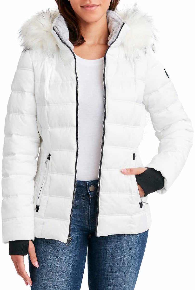 Nautica Womens Faux Fur Trim Hooded Midweight Puffer Jacket (Large, White)