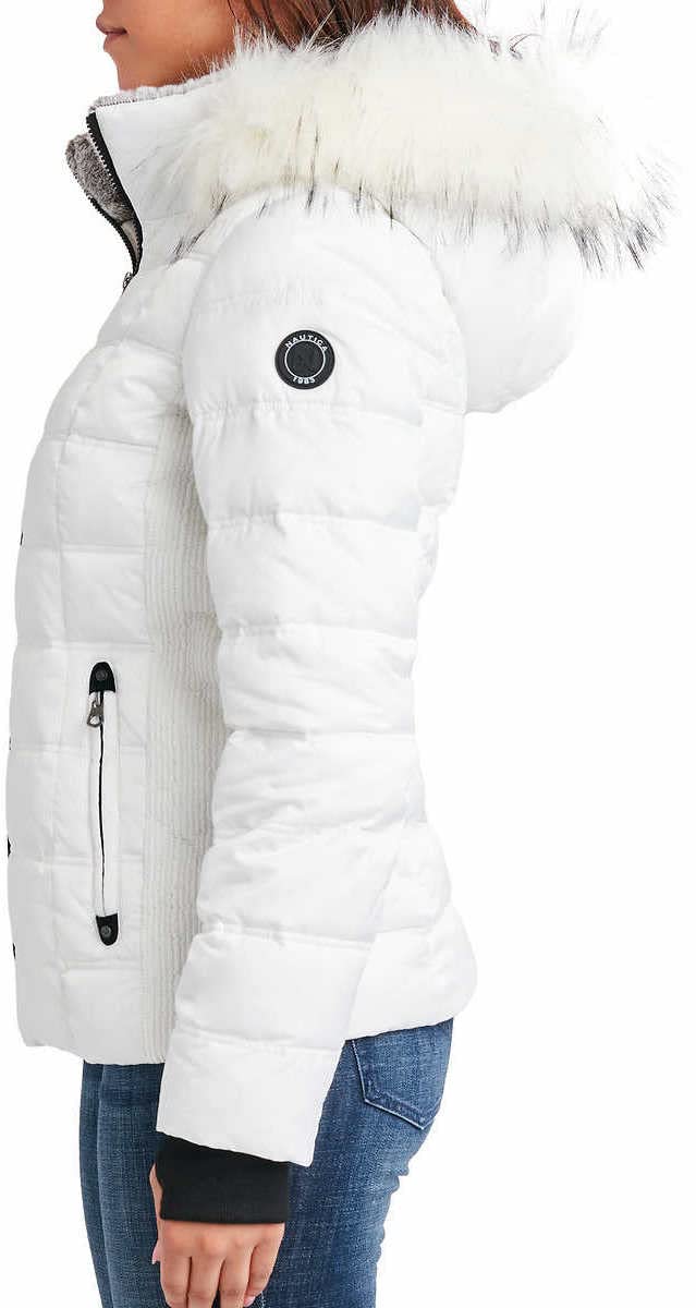 Nautica Womens Faux Fur Trim Hooded Midweight Puffer Jacket (Large, White)