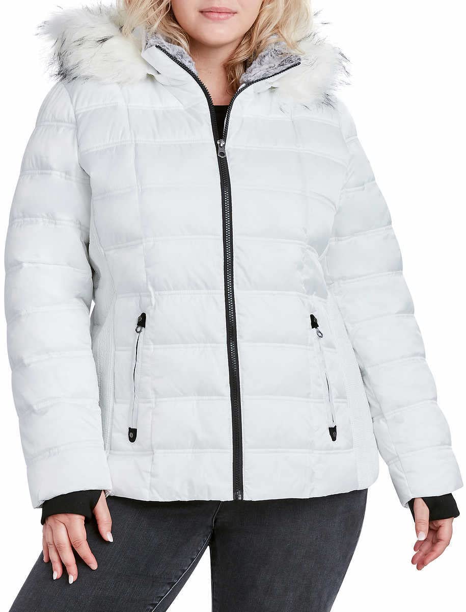 Nautica Womens Faux Fur Trim Hooded Midweight Puffer Jacket (Large, White)