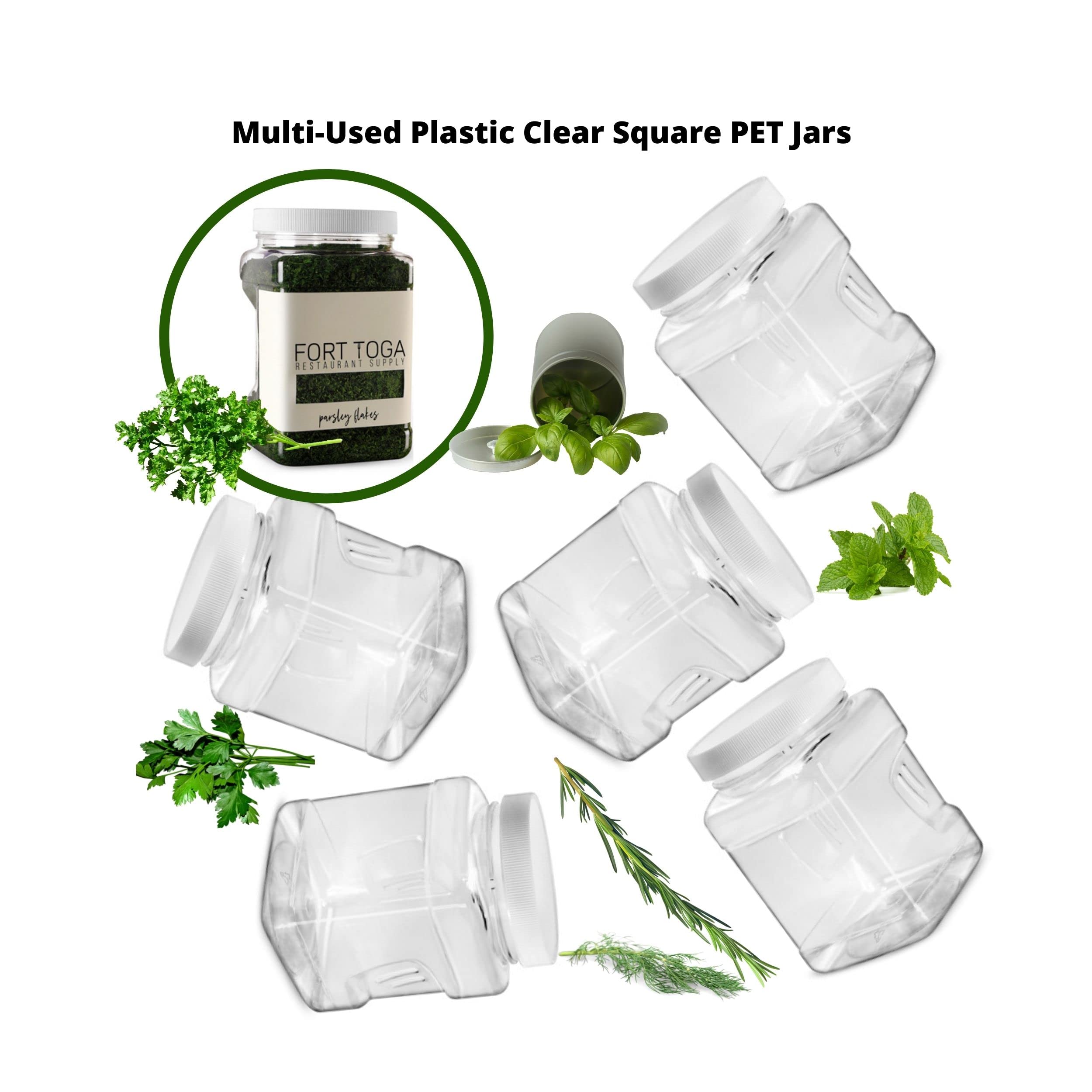 kelkaa 16oz Clear PET Plastic Square Wide Mouth Jars with Grip Handle and White Ribbed Lined Caps, BPA Free, Multi-Use Empty Containers, 63mm/400, Made in the USA (Pack of 6)