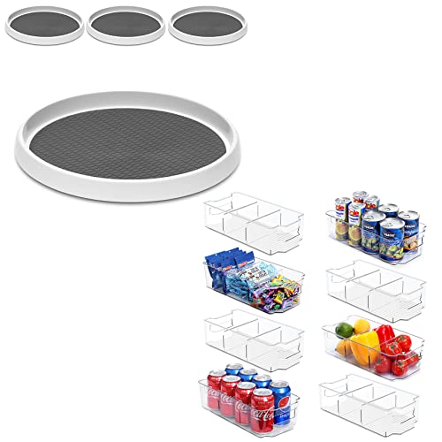[ 4 Pack ] 12 Inch Non-Skid Turntable Lazy Susan Organizers + 8 Pack, Stackable Clear Bins with Removable Dividers - Plastic Refrigerator Organizer Bins - Food Snack, Pantry Organization and Storage