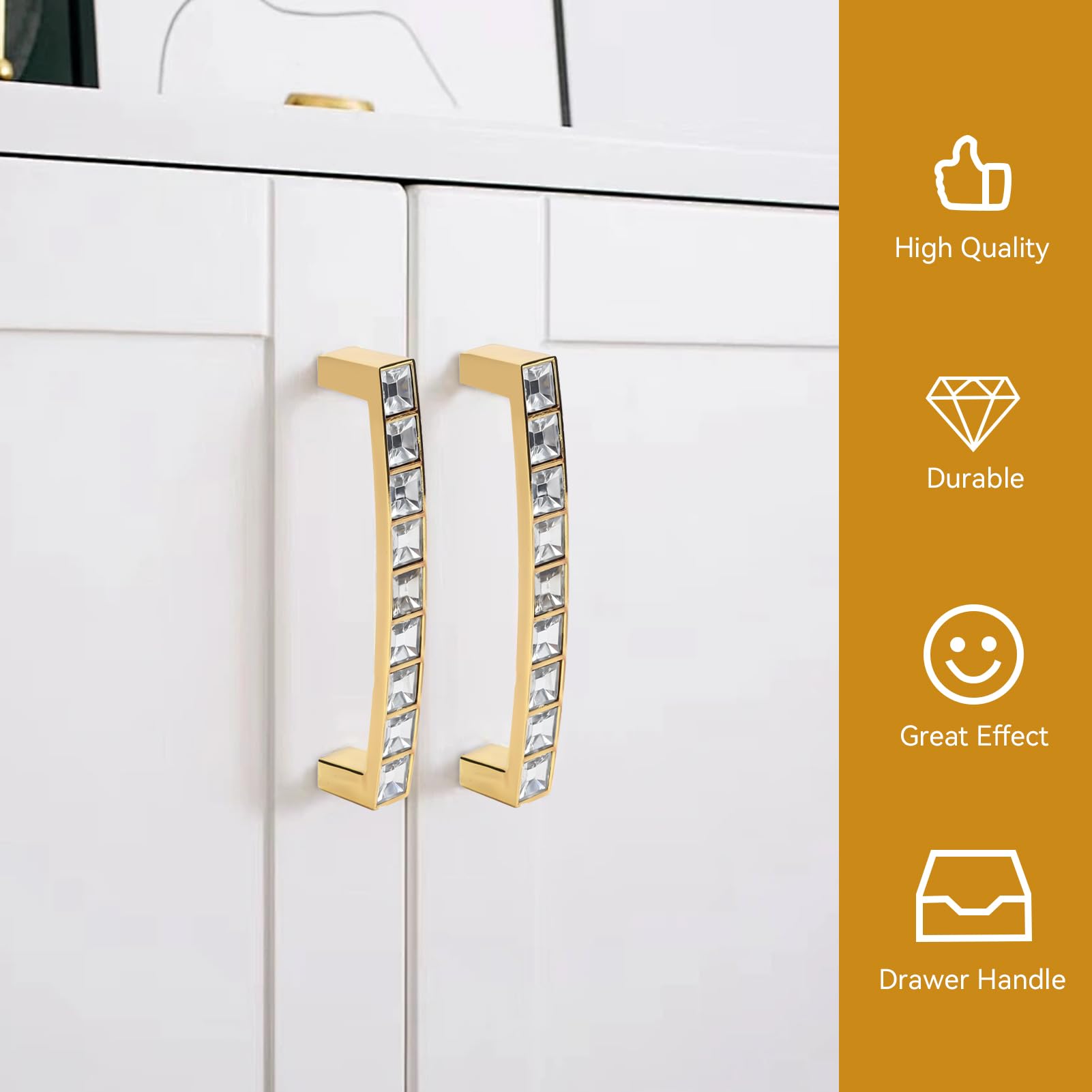 Gold Crystal Handles, Clear Crystal Cabinet Pull Bling Door Knobs Double Hole Cupboard Handles for Wardrobe, Kitchen, Bedroom