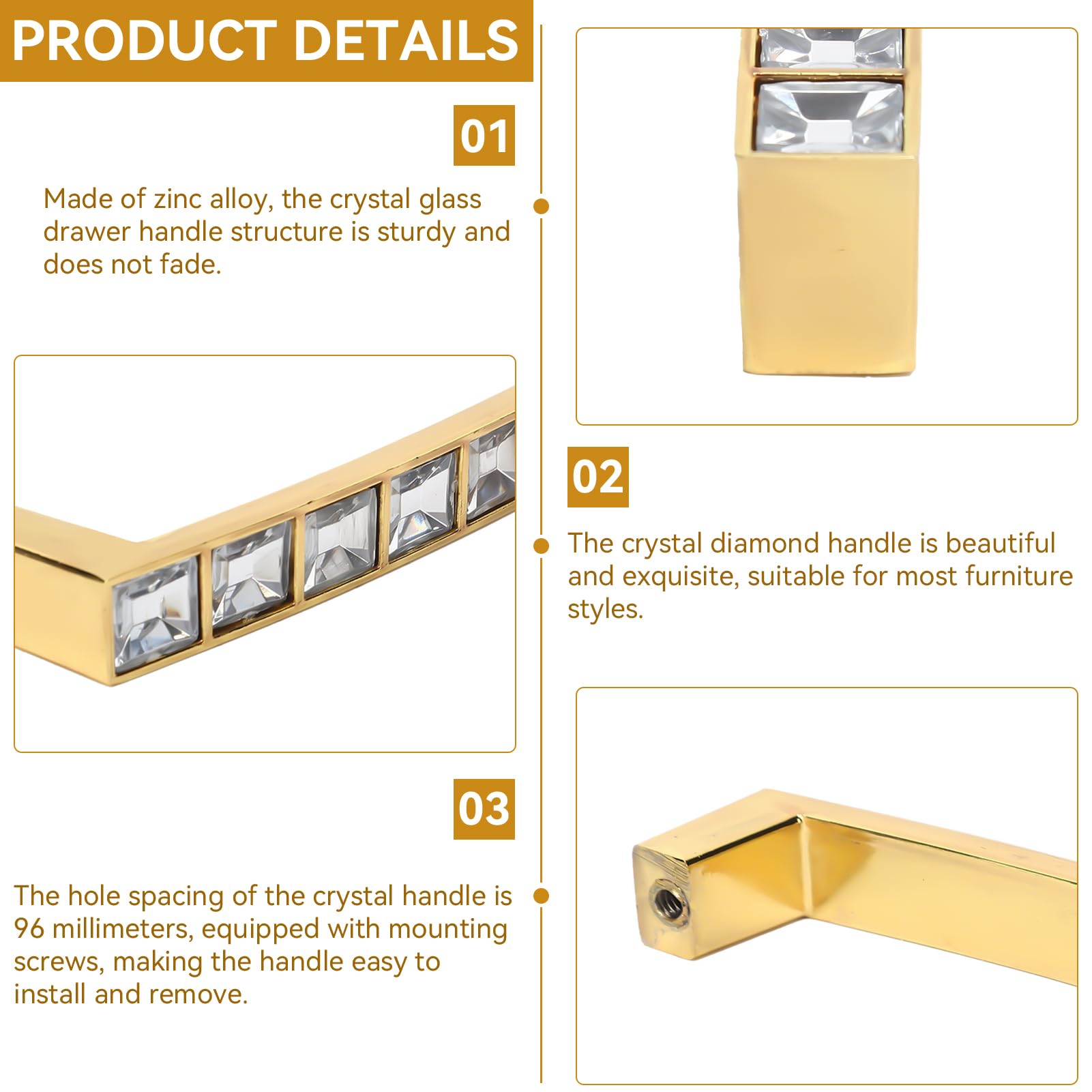 Gold Crystal Handles, Clear Crystal Cabinet Pull Bling Door Knobs Double Hole Cupboard Handles for Wardrobe, Kitchen, Bedroom