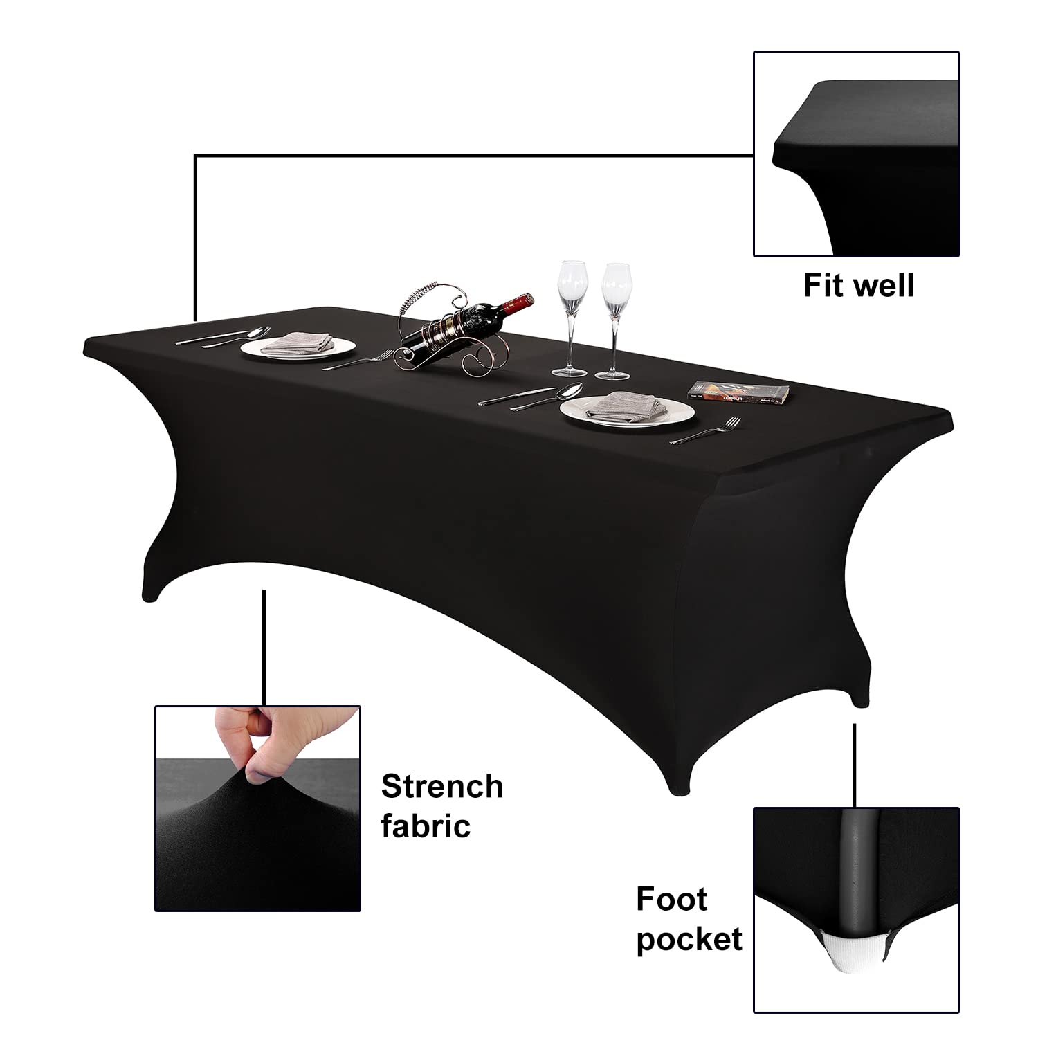 FORLIFE Spandex Table Covers 8ft,Fitted Tablecloth for 8ft Rectangular Tables, Stretch Patio Table Covers, Universal Spandex Table Cover for Wedding, Banquet, Party (8ft, Black)