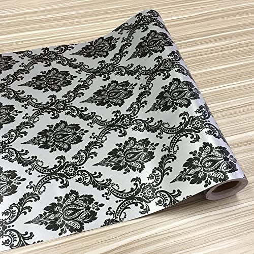 Yifely Retro Black Damask Furniture Paper Self-Adhesive Shelf Liner Light Grey Table Dresser Decor Sticker 17.7 Inch by 9.8 Feet