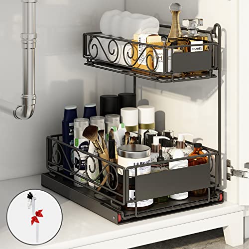 TALVADI Under Sink Organizer, Sliding Cabinet Basket Organizer, Pull Out Cabinet Organizer 2-Tier Under Cabinet Storage, Multi-Use for Under Kitchen Bathroom Sink Organizers & Storage…