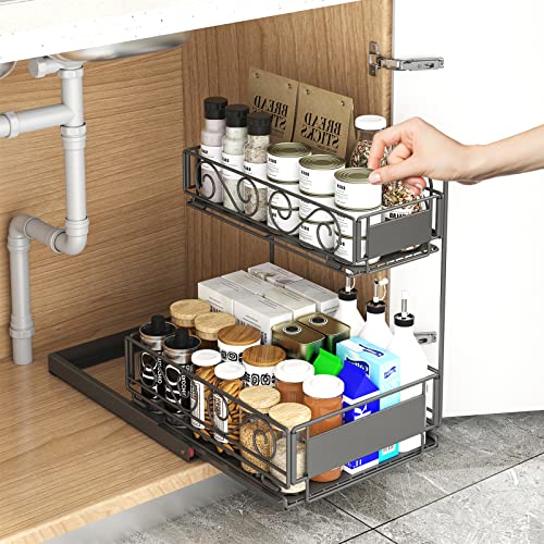 TALVADI Under Sink Organizer, Sliding Cabinet Basket Organizer, Pull Out Cabinet Organizer 2-Tier Under Cabinet Storage, Multi-Use for Under Kitchen Bathroom Sink Organizers & Storageā¦