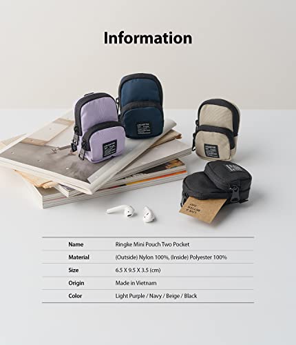 Ringke Mini Pouch Two Pocket, Small Bag for Universal Wireless Ear Buds, Durable Waterproof Keychain Accessories Compatible with AirPods Pro 2nd Generation and AirPods 4 Case - Beige