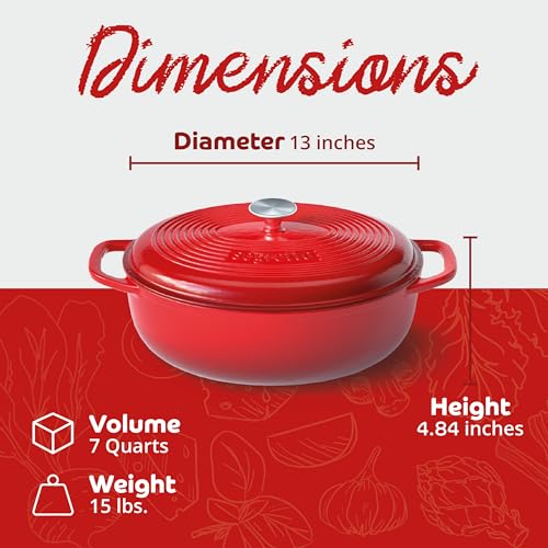 Segretto Cookware Enameled Oval Cast Iron Dutch Oven with Handle 7 Quart Rosso (Red) Oven Safe Dutch Oven Pot With Lid Cast Iron Enamel Dutch Oven Cast Iron Pot Set Cookware for Bread Baking, Basting