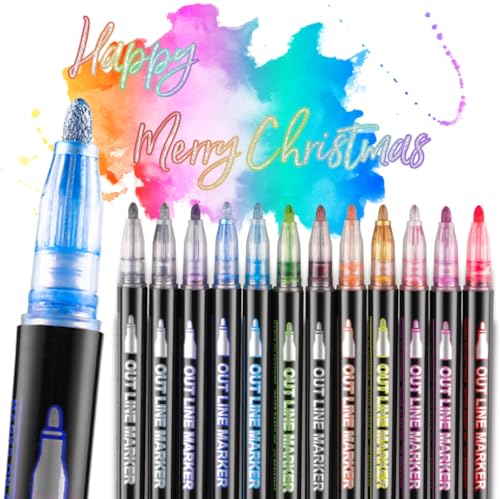 RIANCY outline markers self-outline metallic markers Super Squiggles Markers 12 Colors shimmer markers outline double line Glitter Writing Drawing for Christmas Card Greeting Crafts Scrap Booking