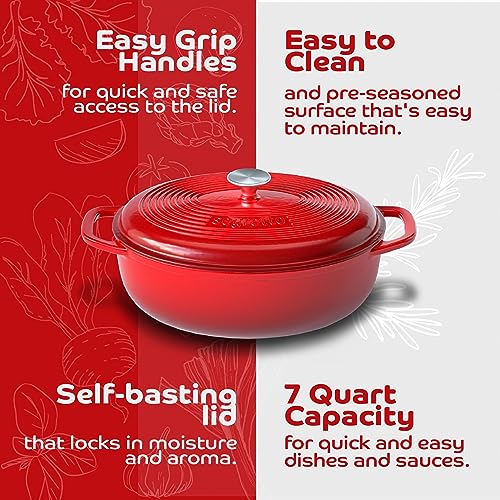 Segretto Cookware Enameled Oval Cast Iron Dutch Oven with Handle 7 Quart Rosso (Red) Oven Safe Dutch Oven Pot With Lid Cast Iron Enamel Dutch Oven Cast Iron Pot Set Cookware for Bread Baking, Basting