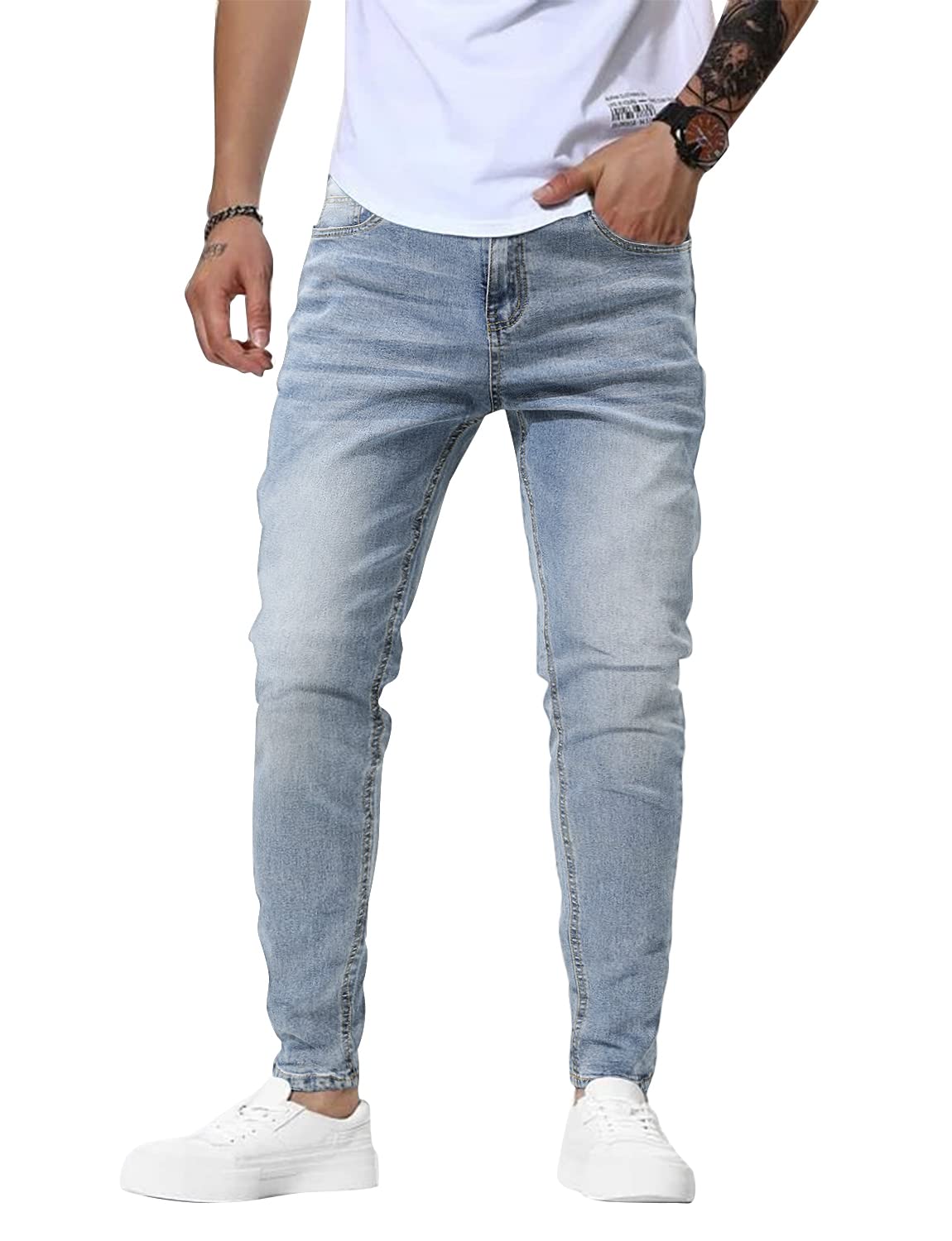 Mens Jeans Slim Fit Light Blue Distressed Skinny Jeans for Men Buckle Tapered Denim Jeans Stretch Fit Long Jean Pants