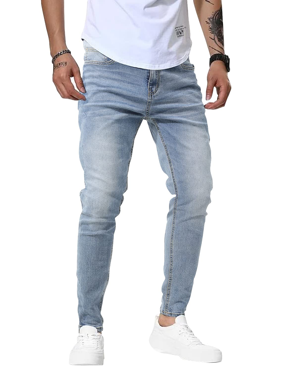 Mens Jeans Slim Fit Light Blue Distressed Skinny Jeans for Men Buckle Tapered Denim Jeans Stretch Fit Long Jean Pants