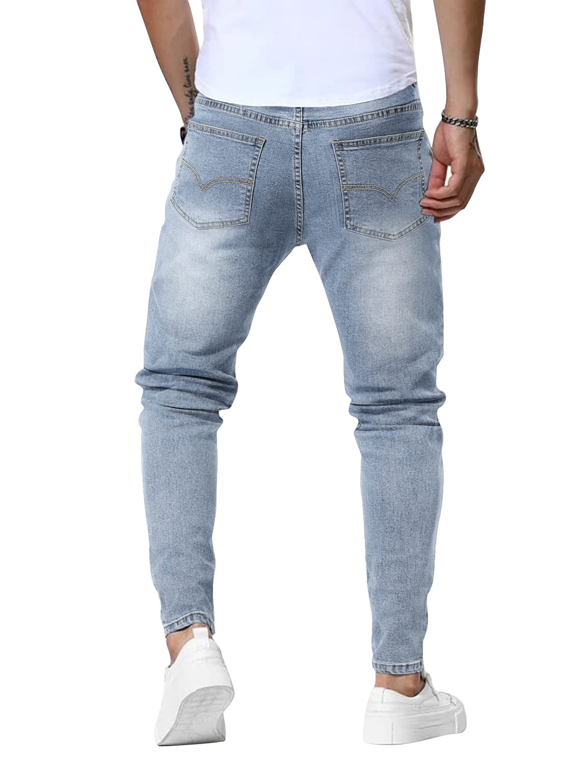 Mens Jeans Slim Fit Light Blue Distressed Skinny Jeans for Men Buckle Tapered Denim Jeans Stretch Fit Long Jean Pants