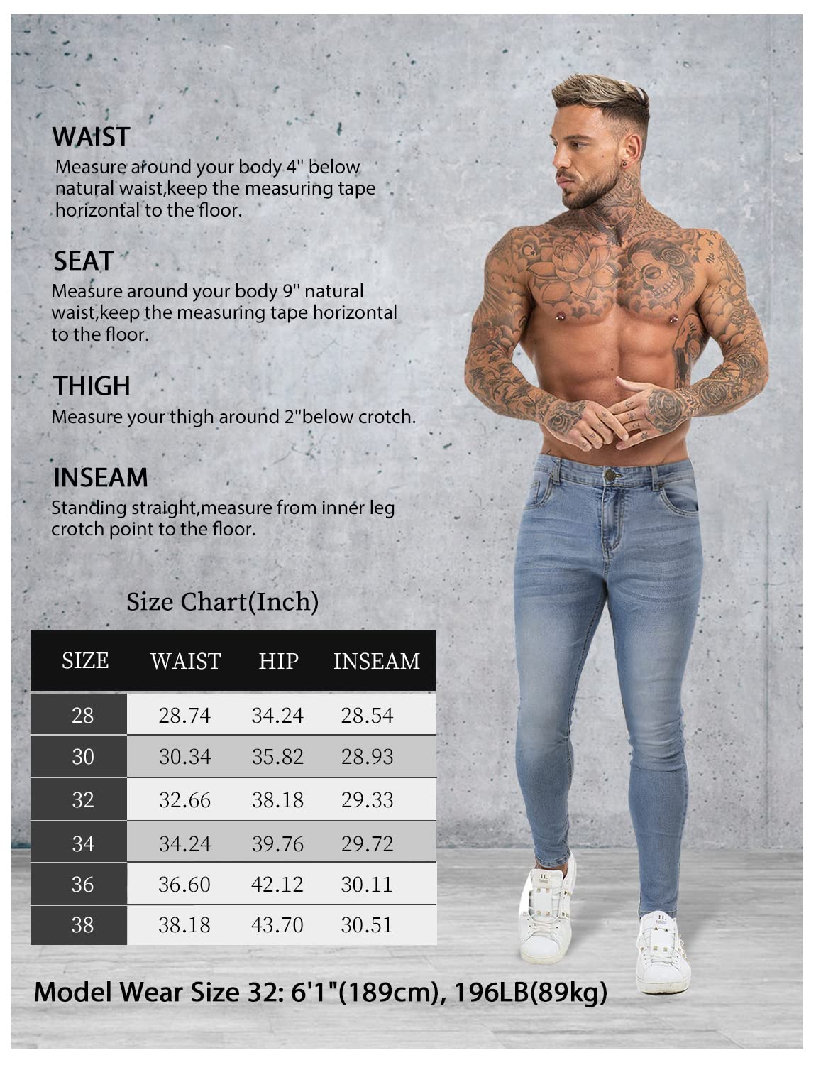 Mens Jeans Slim Fit Light Blue Distressed Skinny Jeans for Men Buckle Tapered Denim Jeans Stretch Fit Long Jean Pants