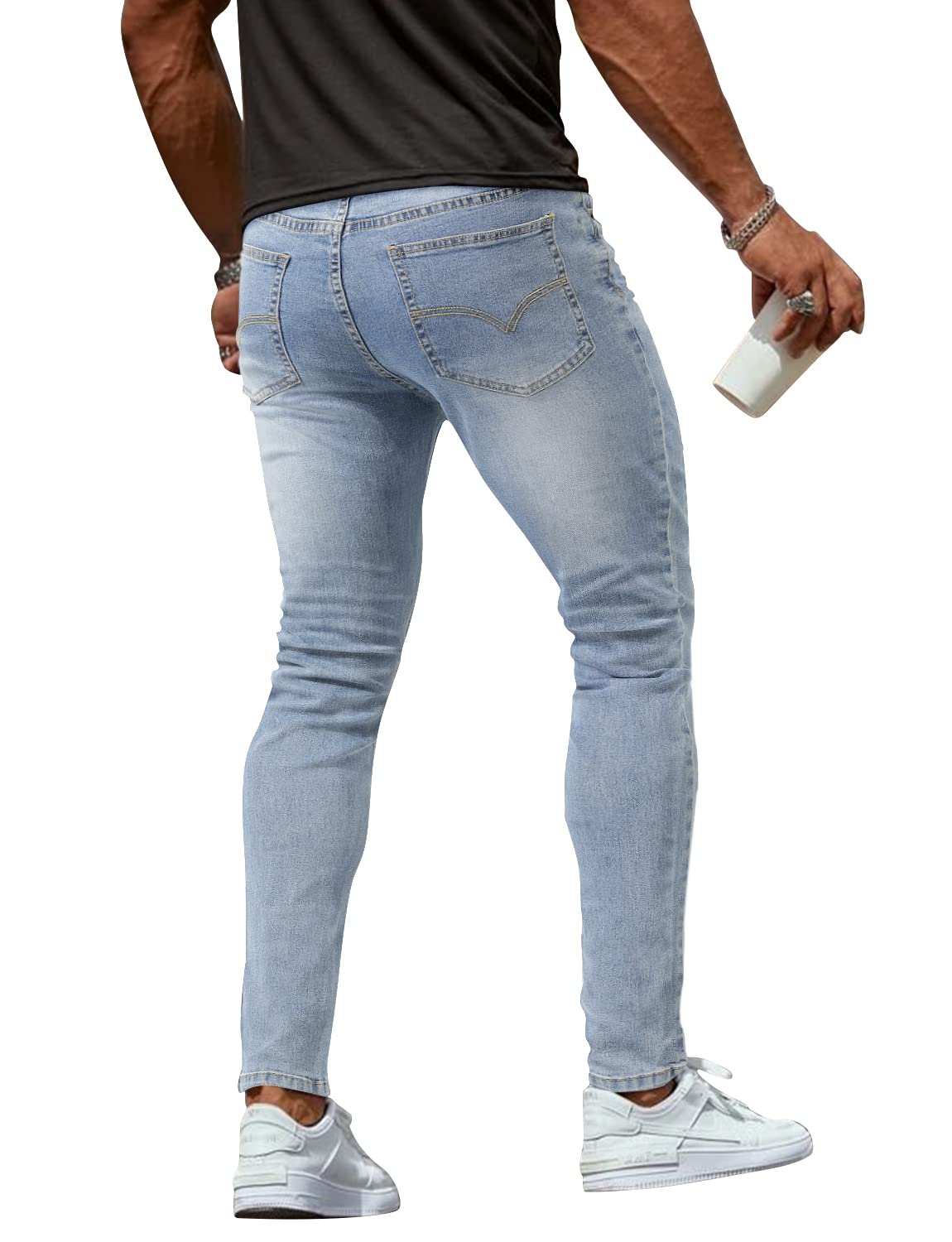Mens Jeans Slim Fit Light Blue Distressed Skinny Jeans for Men Buckle Tapered Denim Jeans Stretch Fit Long Jean Pants