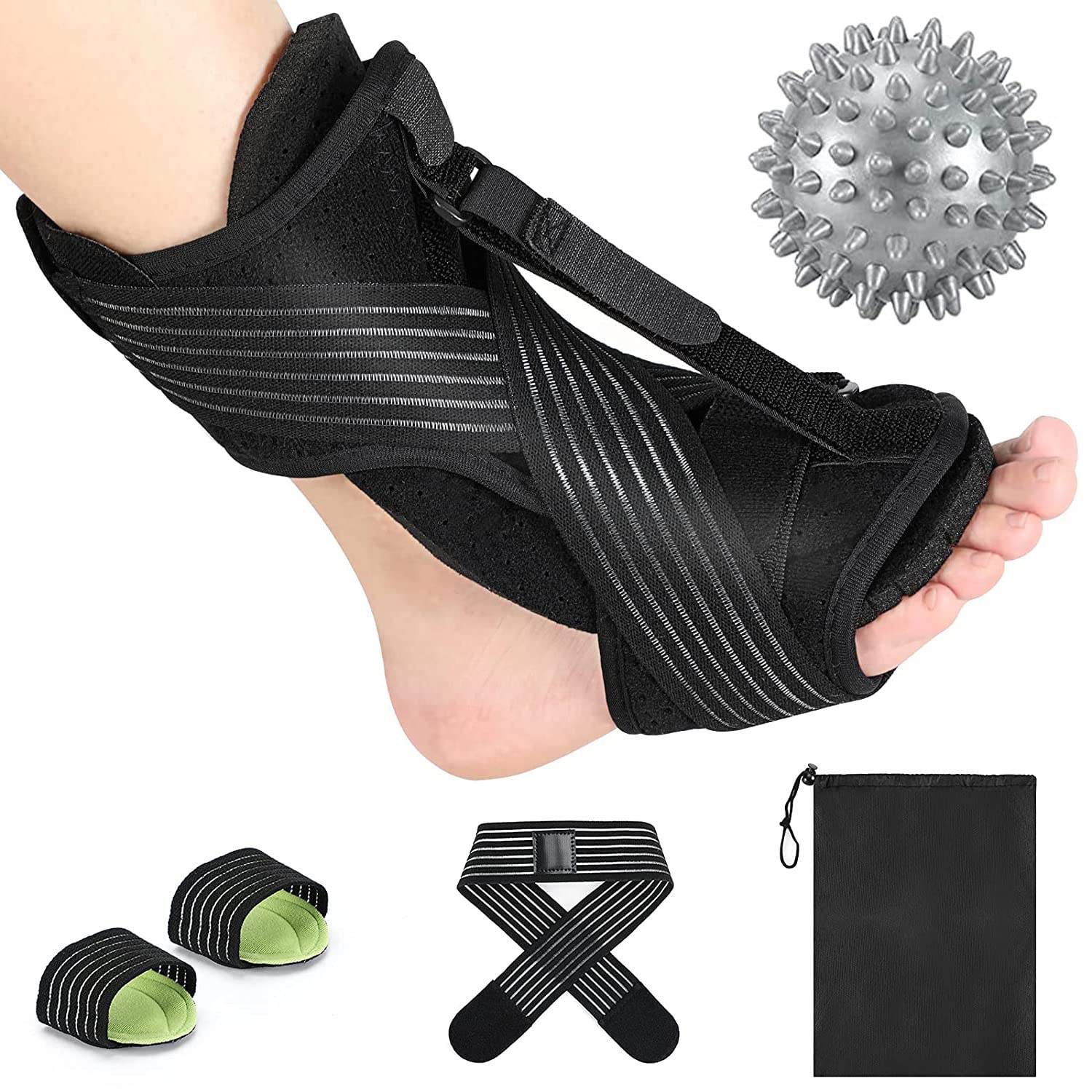 Plantar Fasciitis Night Splint, Adjustable Ankle Brace Foot Drop Orthotic Brace with Hard Spiky Massage Ball Arch Brace Pads, Foot Support Night Splint for Achilles Tendonitis Arch Foot Pain (Black)
