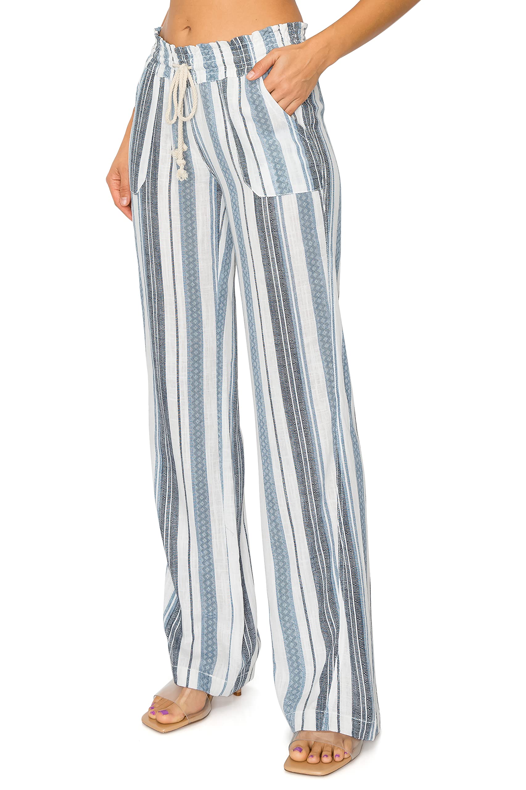 Cali1850 Women's Casual Linen Pants 32" Inseam Oceanside Drawstring Smocked Waist Lounge Beach Pants with Pockets Navy Ivory Large